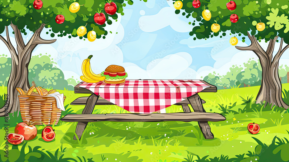Picnic table illustration cartoon background. Summer fields, hills ...