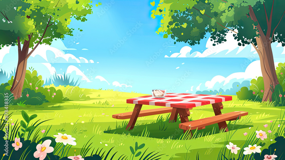 Picnic table illustration cartoon background. Summer fields, hills ...