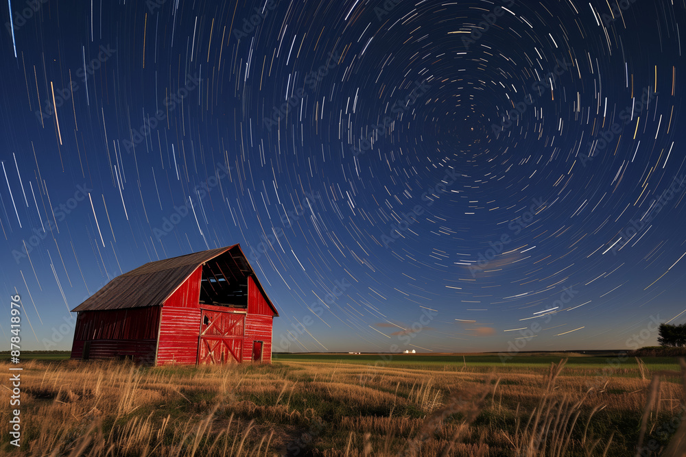 Red barn in the middle of an open field at night with star trails in ...