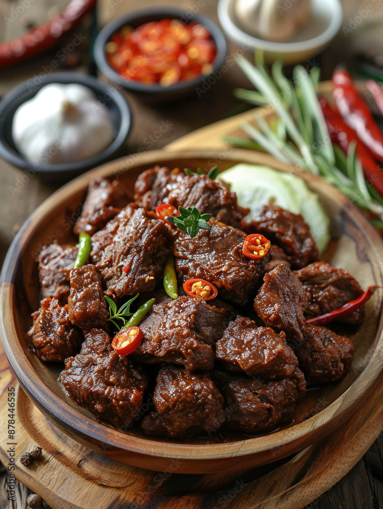 beef rendang on a plate, ingredients around the plate, cloth to sweeten ...