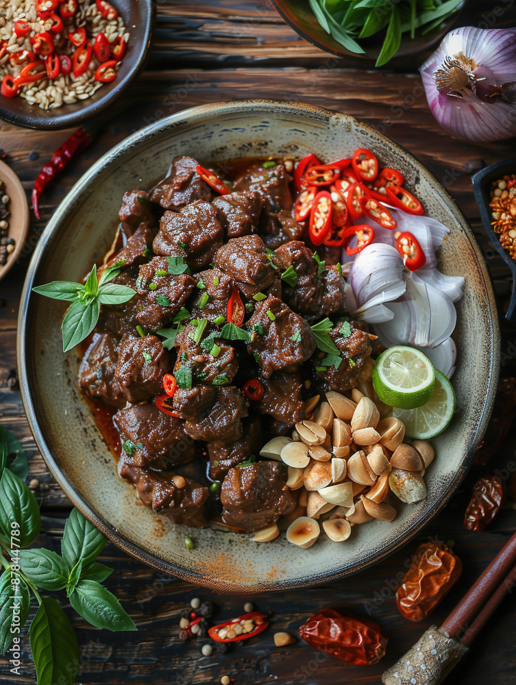 beef rendang on a plate, ingredients around the plate, cloth to sweeten ...