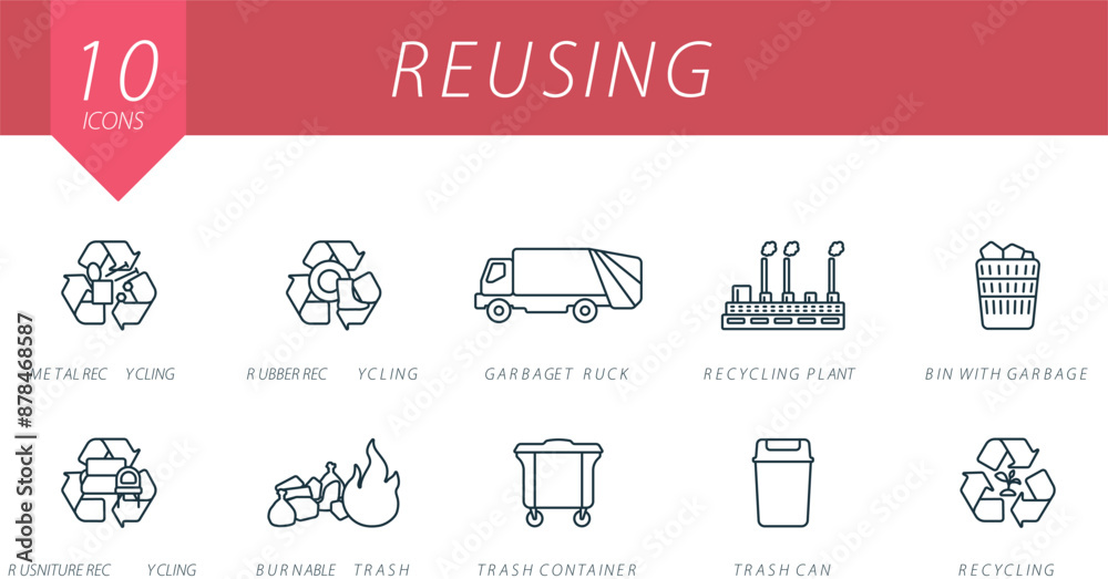 Reusing outline icons set. Creative icons: metal recycling, rubber ...