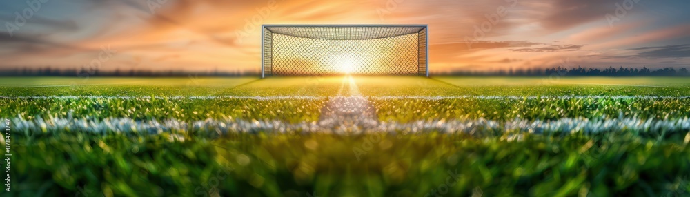 Soccer Field Goal with Sunset Background Defined Goal Area on Pitch ...