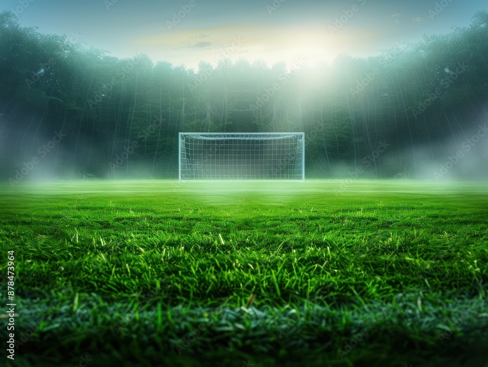 Soccer Pitch Goal Area Outlined, Empty Goal on a Misty Grass Field ...