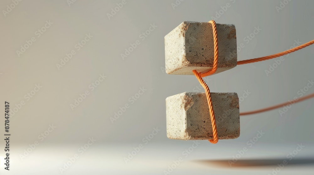 two bricks tied with a big orange thread floating in the air, 3d, high ...