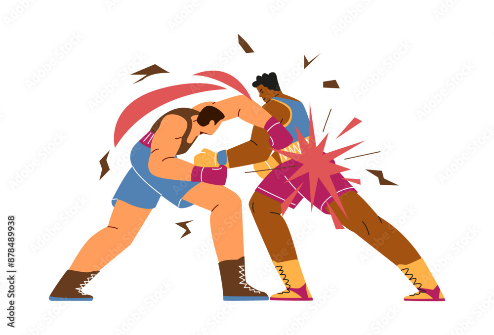 Vector illustration of hand-to-hand combat with male boxers, wearing ...