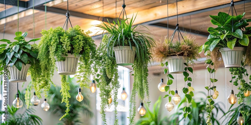 Four Different Types Of Plants Are Hanging From The Ceiling Creating A Lush Different Creating