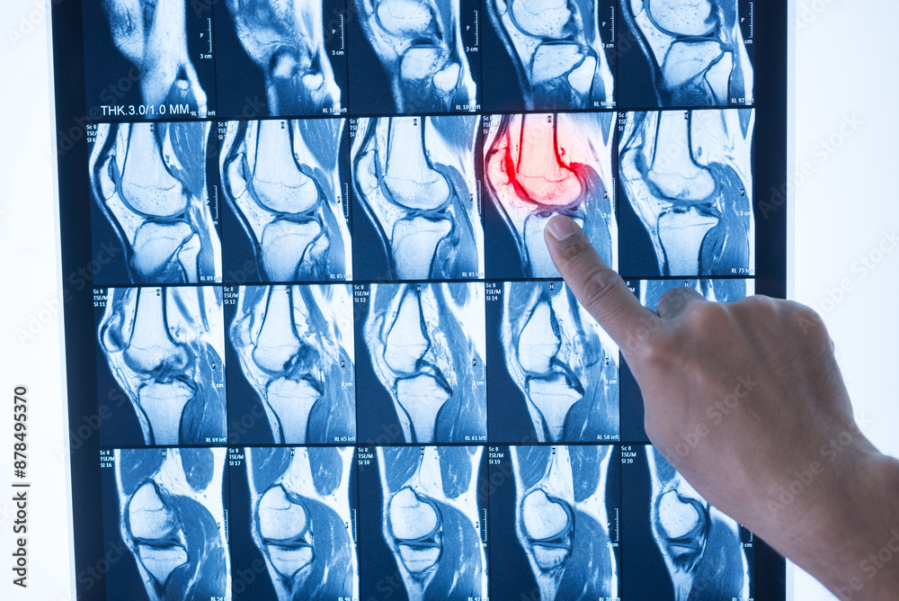 Doctor hand point patient bone x-ray film before surgery.Image MRI and ...