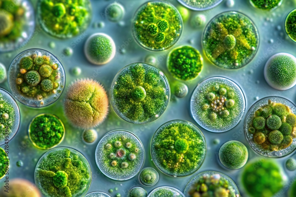 Microalgae under microscopic view green algae cyanobacteria ...