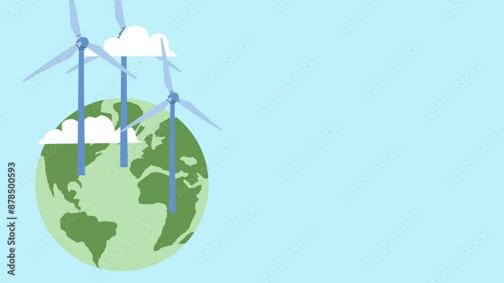 Video animation of Earth globe, clouds, Wind power plant. Concept of ...