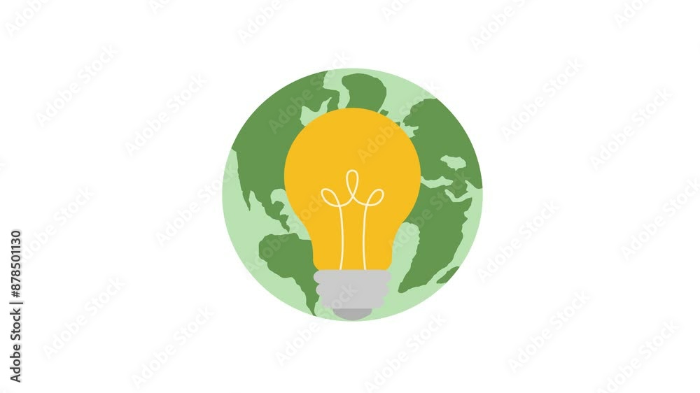 Video animation of flat cartoon planet Earth globe, glowing light bulb ...