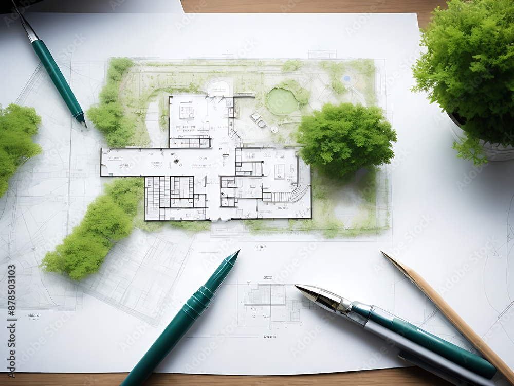 Architectural plans with landscape design - top view for real estate ...