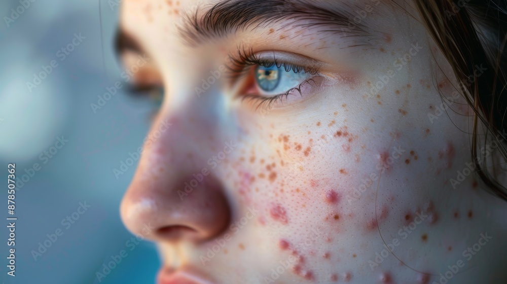 acne on woman face with rash skin, scar, and red skin syndrome allergic ...