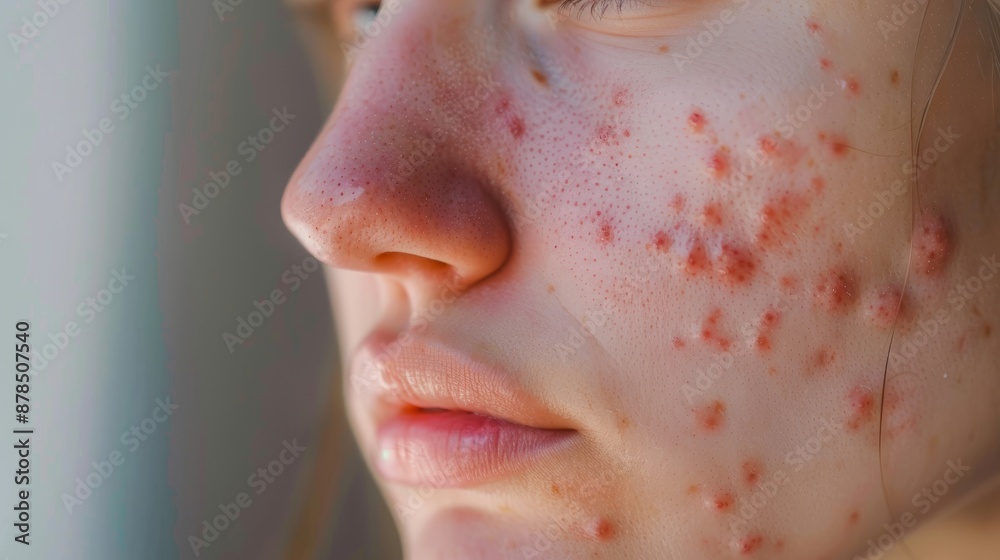 acne on woman face with rash skin, scar, and red skin syndrome allergic ...