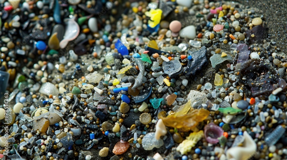 Close up of micro plastic particles and sand highlighting microplastic ...