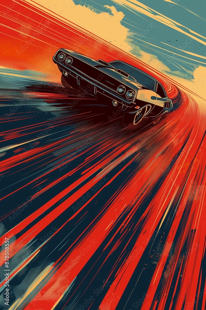 High-speed 70s Mopar racing poster with dynamic lines and a powerful ...
