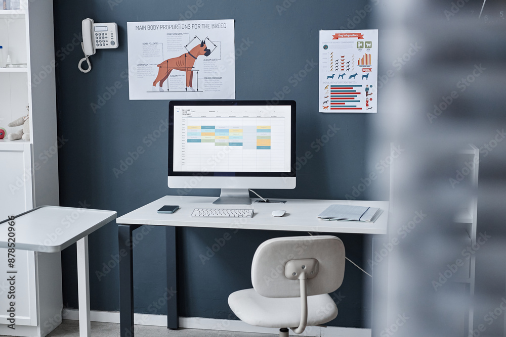 Background shot of vets office interior with desktop computer ...