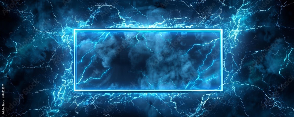 Electric blue neon rectangle frame glowing on a dark dramatic ...
