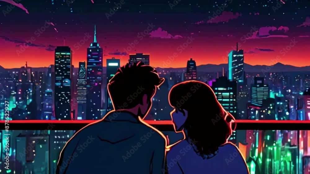 A romantic rooftop scene where the couple is watching the city lights ...