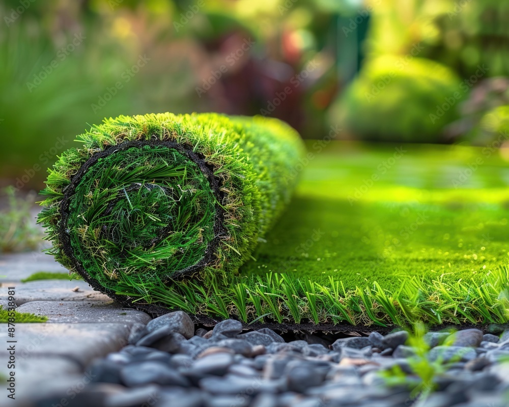 Rolled synthetic grass section in close-up, texture details prominent ...