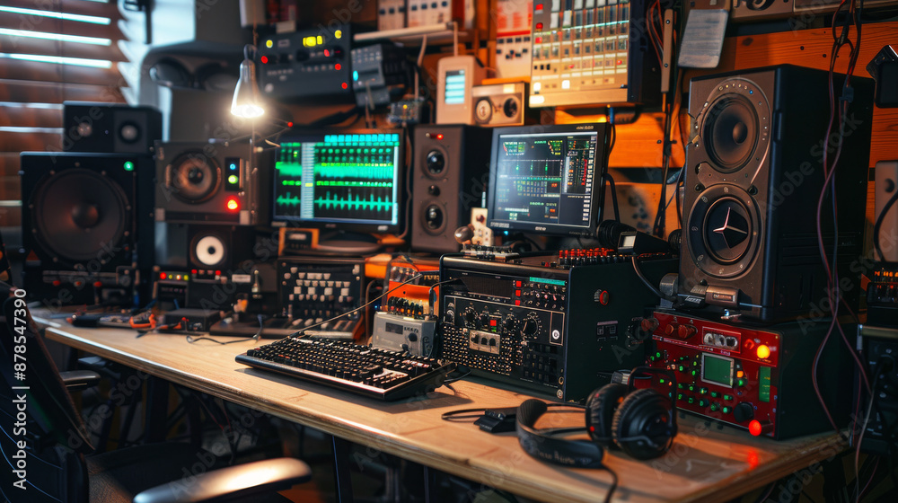 A modern-day ham radio operator's station with contemporary Morse code ...