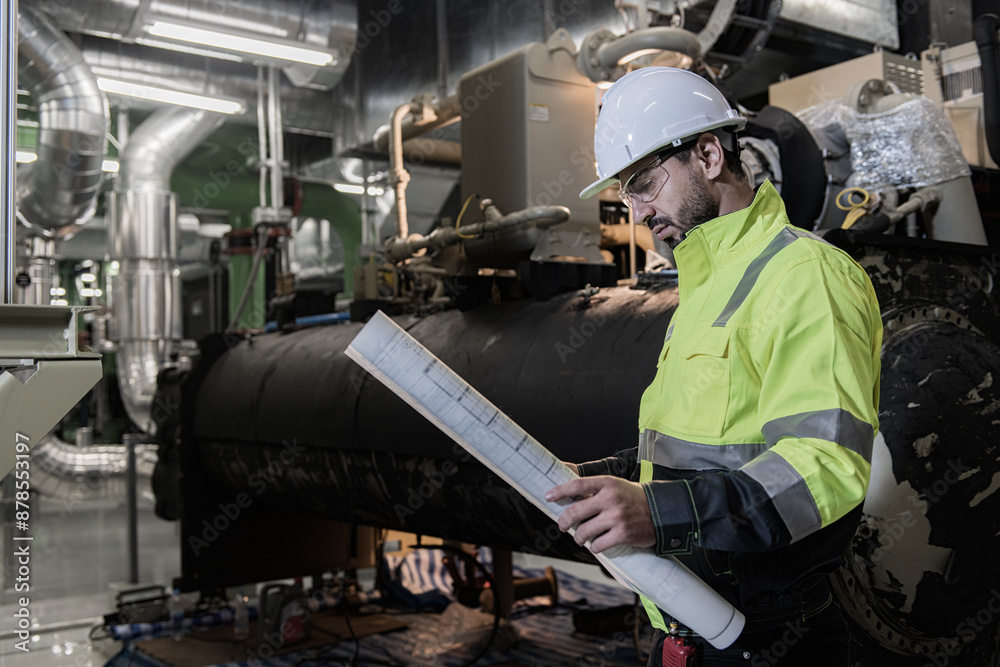 workers in factory. engineer work in Industrial chiller HVAC heating ...