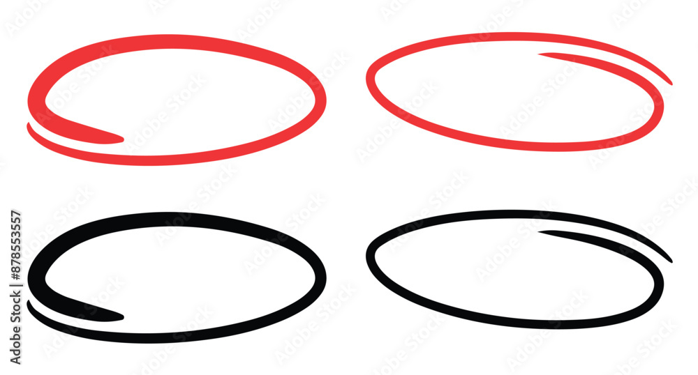 Hand drawn circle highlighter line sketch set. Red circle, pen draw ...