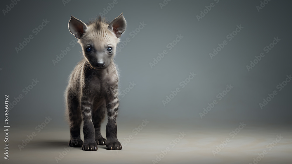 Cute black and white striped hyena cub standing on a grey background ...