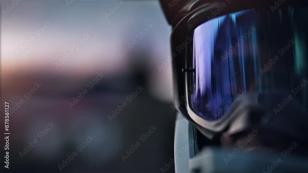 Rider with helmet and goggles on looking towards the camera, preparing ...