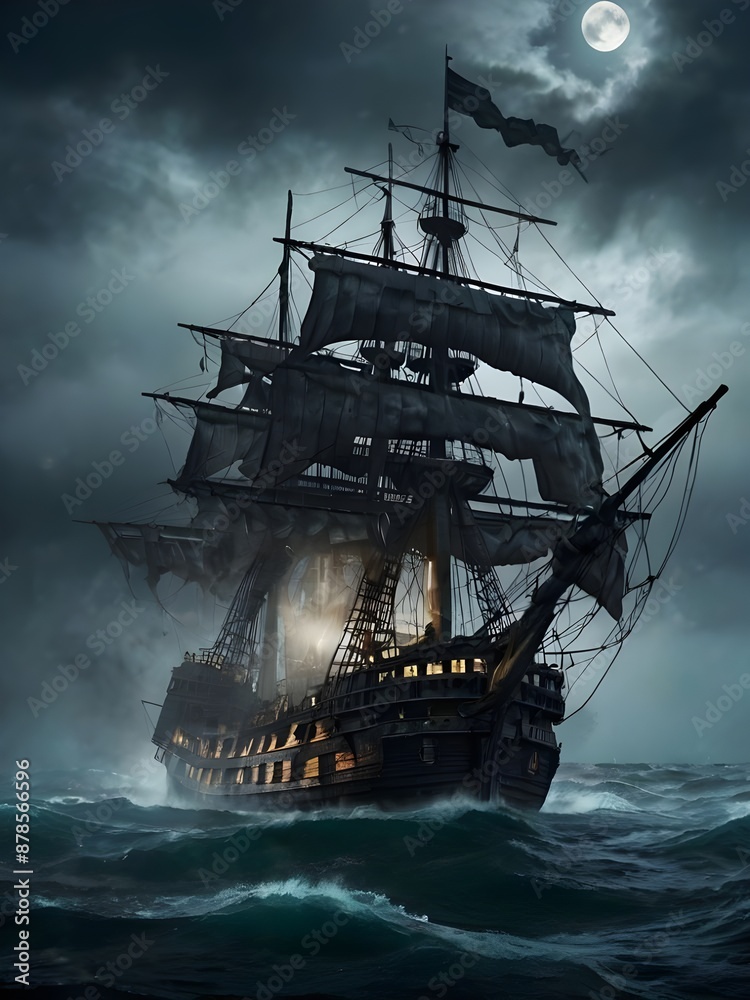 scary flying dutchman ghost ship, the ship's sails are torn to shreds ...