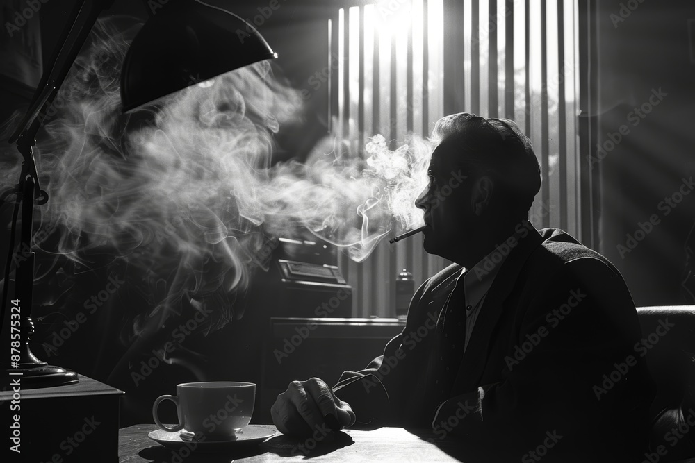 Classic Film Noir Detective Smoking in Vintage Office with Dim Lighting ...