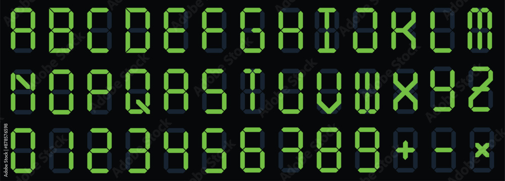 Digital display font. Alarm clock letters and numbers, electronic ...