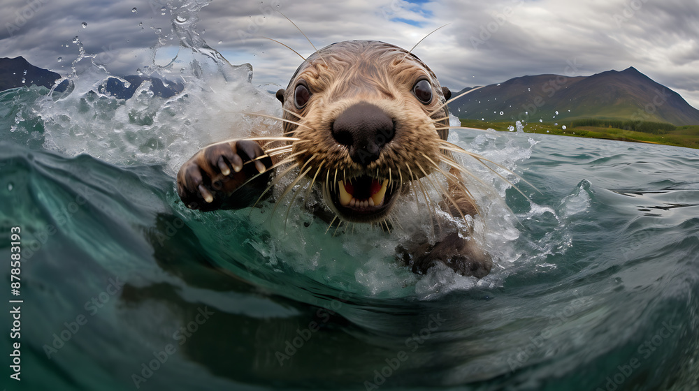 A playful otter, brown and white, emerges from the green water ...