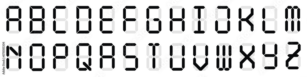Digital display font. Alarm clock letters and numbers, electronic ...