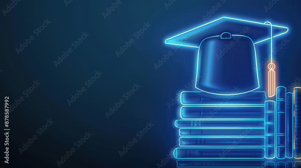 Futuristic glowing graduation cap on stack of books against dark blue ...