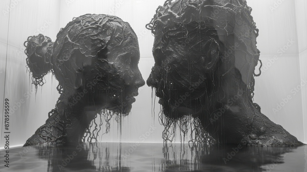 Abstract sculpture of two human faces with intertwined, intricate ...
