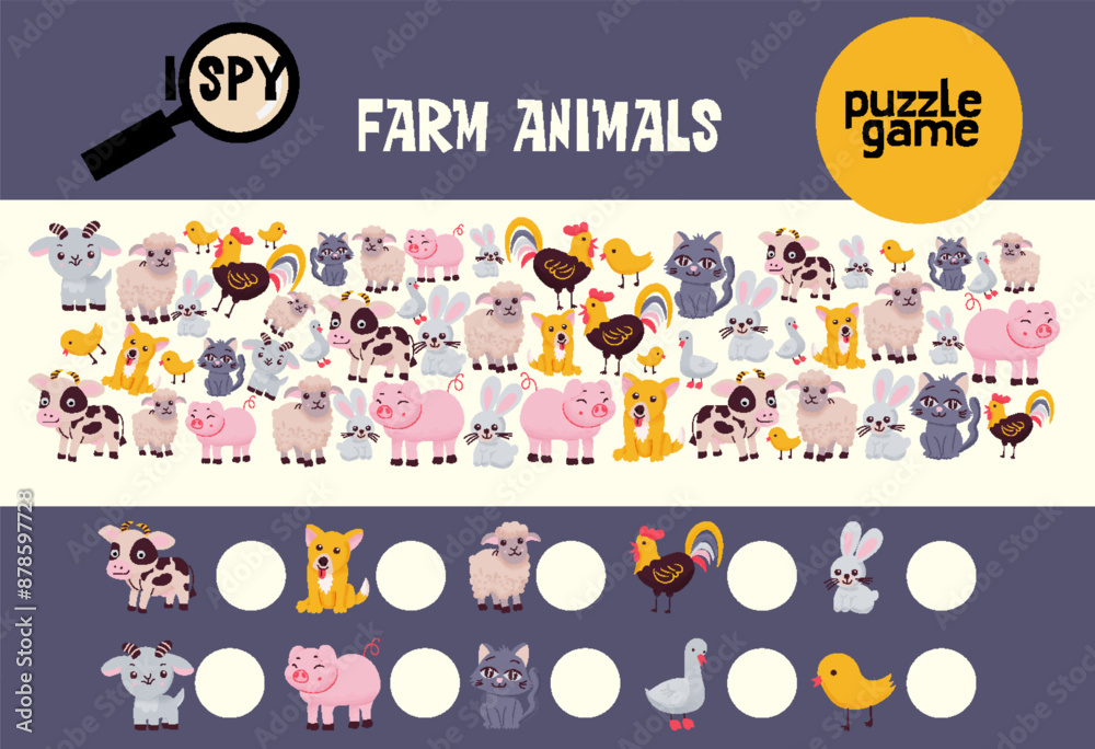 Kids I spy puzzle game. Find and match farm animals. Stock Vector ...
