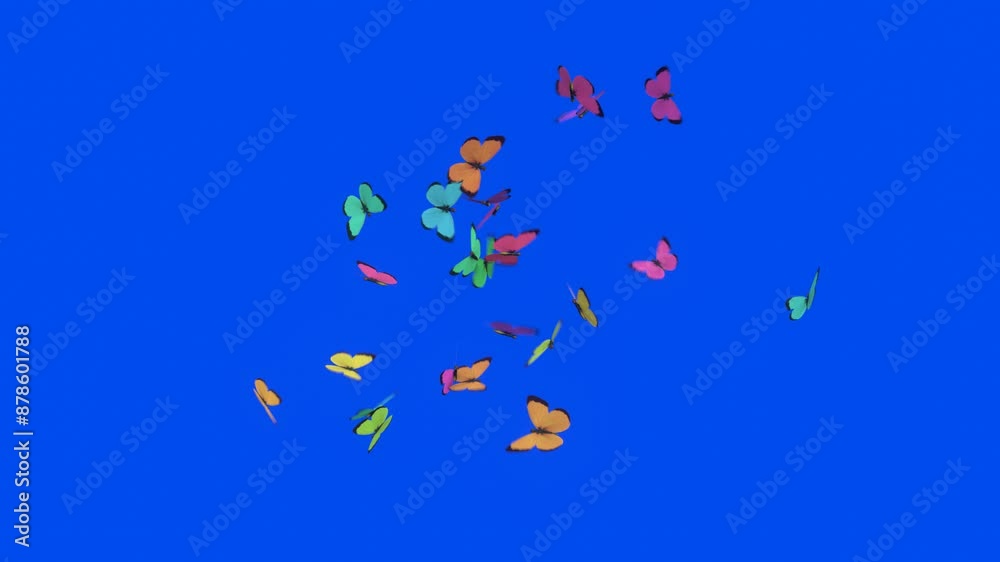 3d animation of a collection of colorful butterflies on a blue ...