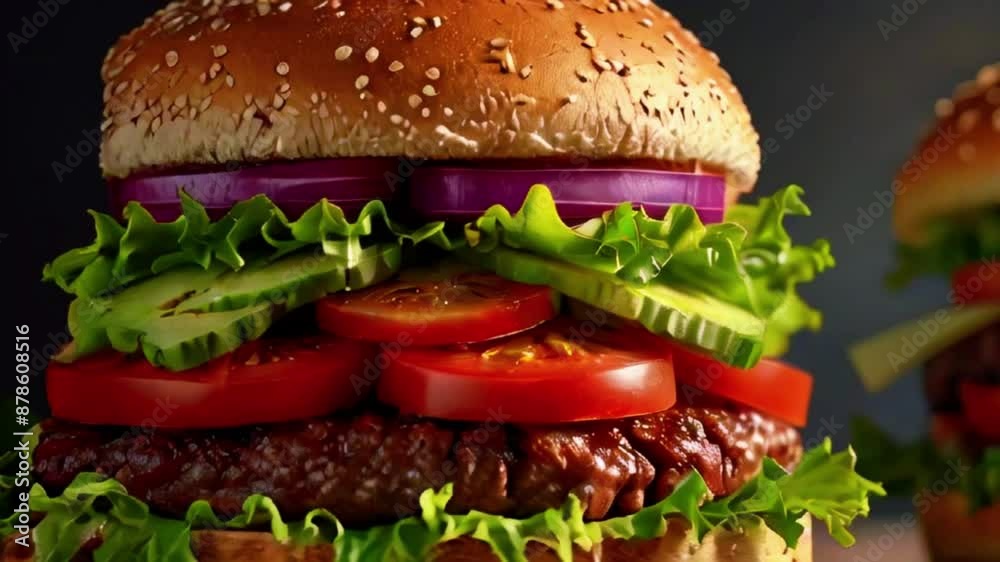 A visually stunning animation of a double-decker beef burger with ...