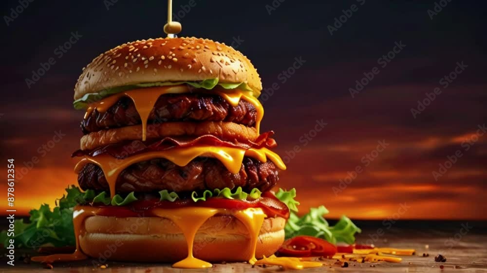 A visually stunning animation of a double-decker beef burger with ...