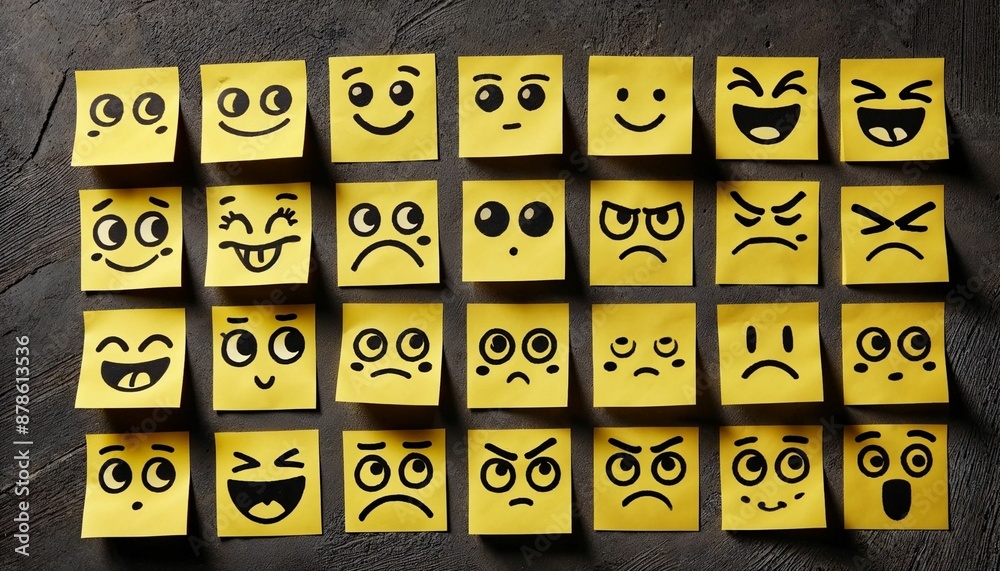 Yellow Sticky Notes with Various Facial Expressions Displaying Emotions ...