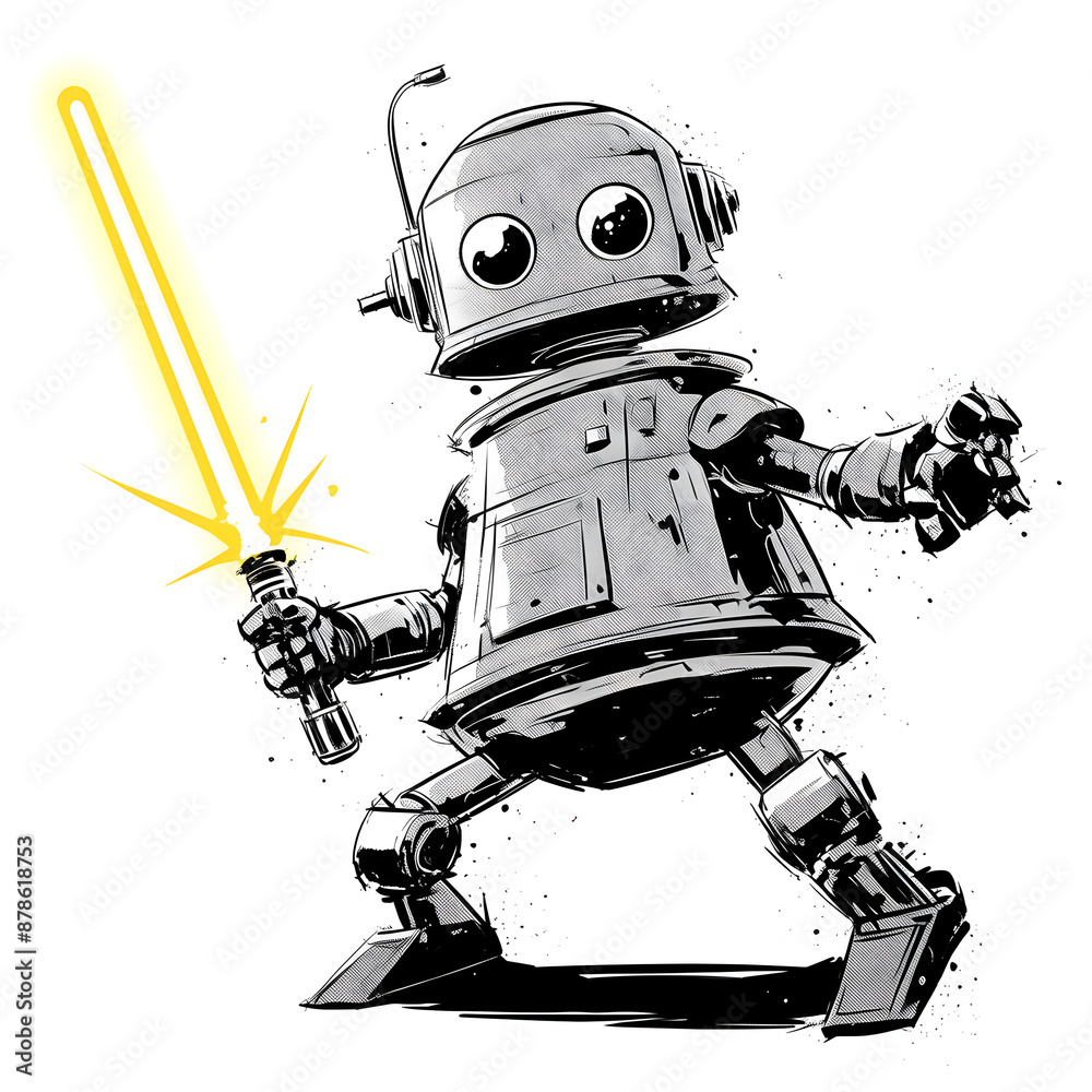 robot holding a neon lightsaber, emitting a soft glow in the dark ...