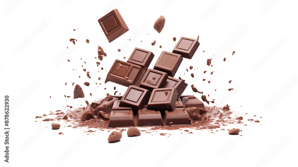 Delicious chocolate bar pieces falling into chocolate splash ...