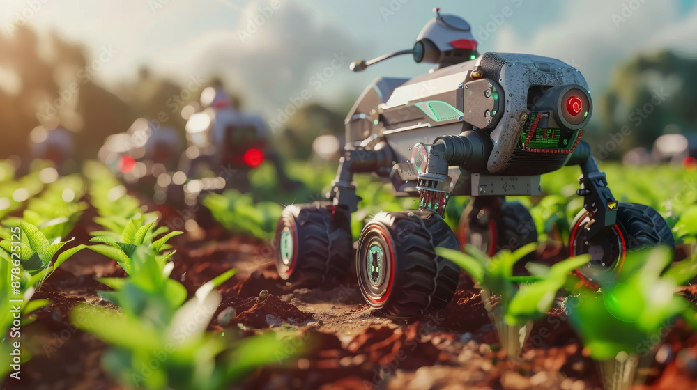 Robots working in fields or greenhouses, planting seeds, monitoring ...