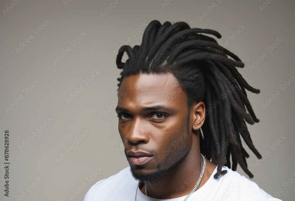 Confident black man with long dreadlocks and a cute, appealing stare ...