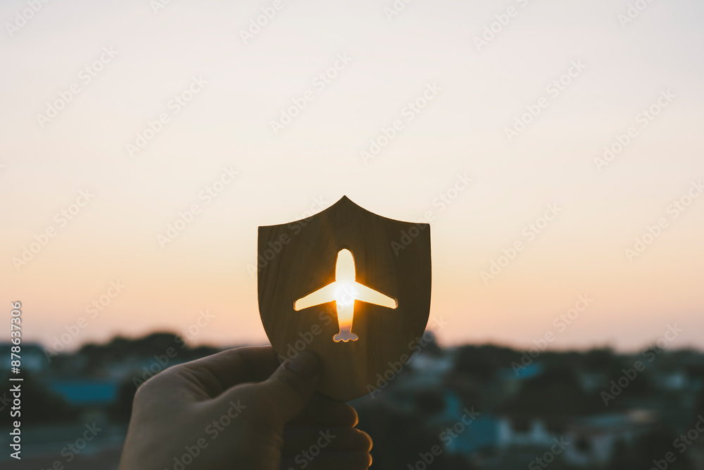Shield protect icon with plane icon, Security protection. The concept ...