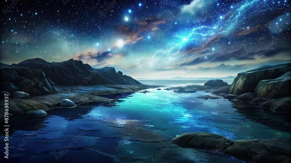 Anime-Style Animation. Tide Pool Reflecting Constellations Among Rocks ...