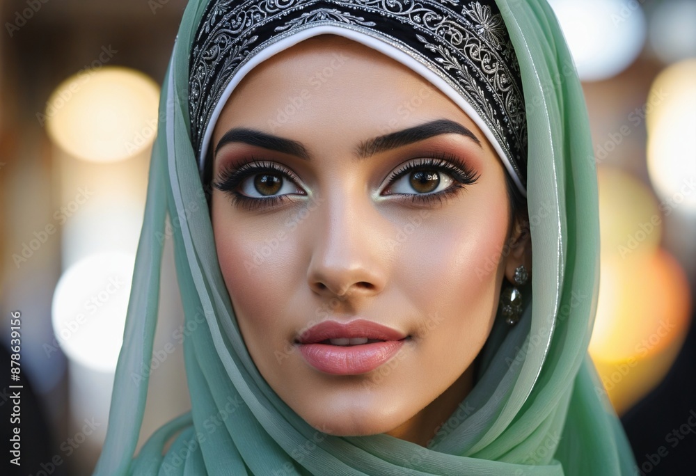 Young Saudi woman smiling in a crowded Arab market town in Beirut, with ...
