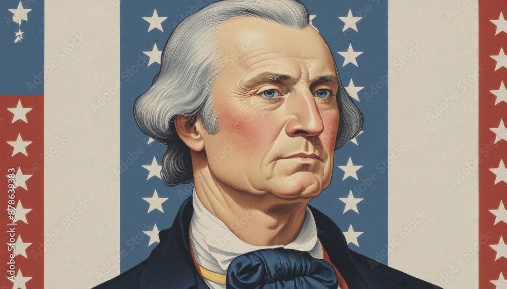 Design a patriotic banner with a starry background and portraits of ...