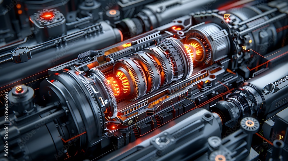 A detailed illustration of an engine with gears and cogs, representing ...